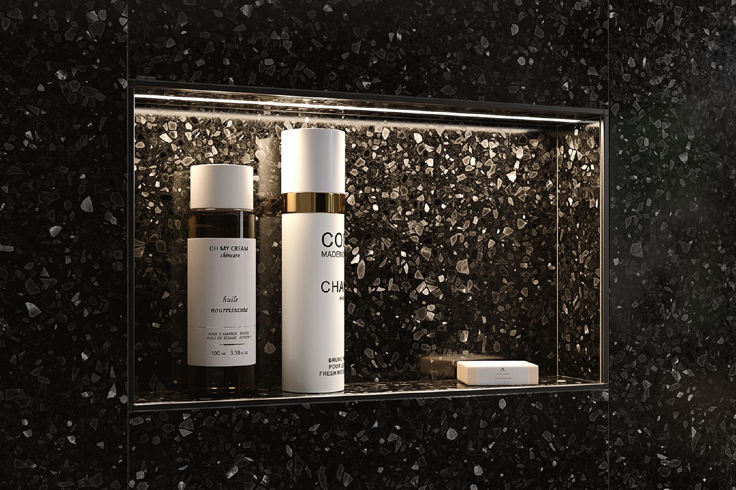 A close up image of a Schluter KERDI-BOARD-SNLT LED shower niche ...